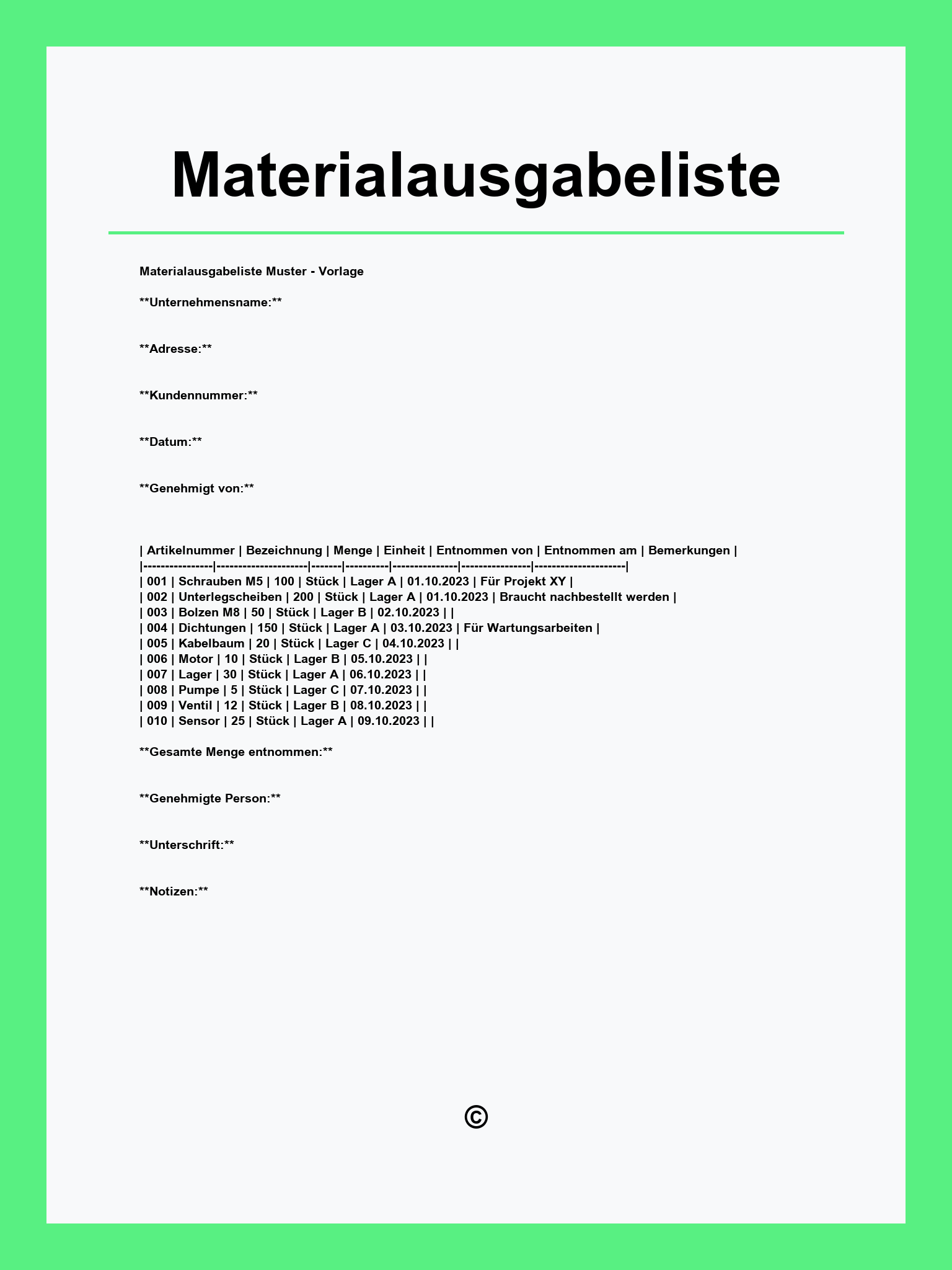 Materialausgabeliste